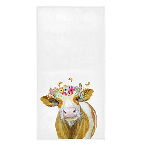 Naanle Cute Cow with Flowers Wreath Butterfly Soft Highly Absorbent Guest Large Home Decor Hand Towels for Kitchen, Bathroom, Hotel, Gym and Spa (16 x 30 Inches)