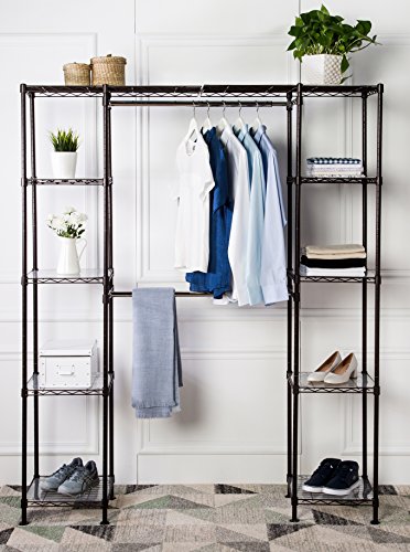 Amazon Basics Expandable Metal Hanging Storage Organizer Rack Wardrobe with Shelves, Bronze & Amazon Basics Collapsible Fabric Storage Cubes Organizer with Handles, Black - Pack of 6