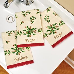 Collections Etc Inspirational Holly Leaves Fingertip Ivory Towels - Set of 3