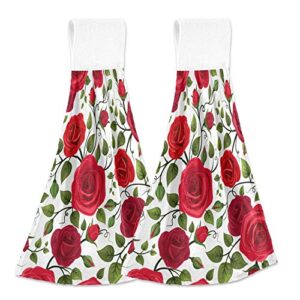 yyzzh red rose flower with green leaf floral print valentines day design kitchen hand towels with hook & loop set of 2 absorbent bath hand towel hanging tie towel