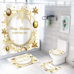 axisrc 4 pieces merry christmas shower curtains sets happy new year pad set bathroom curtain golden stars and spheres cartoon bath mat 71x71inches