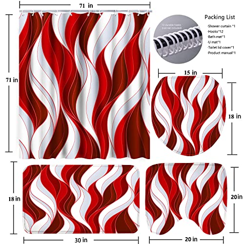 Poedist 4 Pcs Bathroom Shower Curtain Set,Red Stripe Bathroom Decor Trendy Style Shower Curtain Sets with Rugs(Bath Mat,U Shape and Toilet Lid Cover Mat) and 12 Hooks