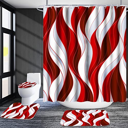 Poedist 4 Pcs Bathroom Shower Curtain Set,Red Stripe Bathroom Decor Trendy Style Shower Curtain Sets with Rugs(Bath Mat,U Shape and Toilet Lid Cover Mat) and 12 Hooks