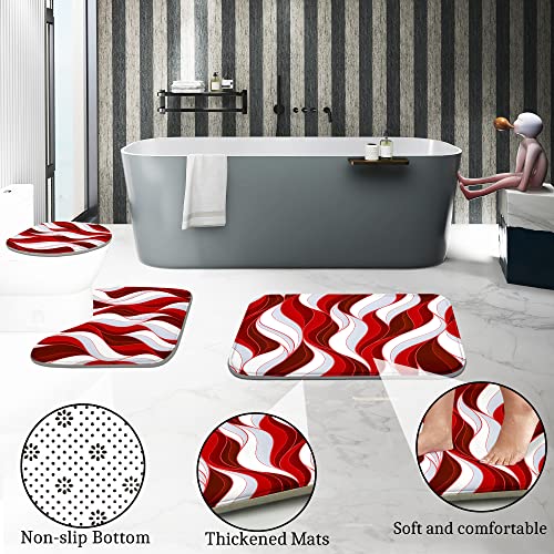 Poedist 4 Pcs Bathroom Shower Curtain Set,Red Stripe Bathroom Decor Trendy Style Shower Curtain Sets with Rugs(Bath Mat,U Shape and Toilet Lid Cover Mat) and 12 Hooks