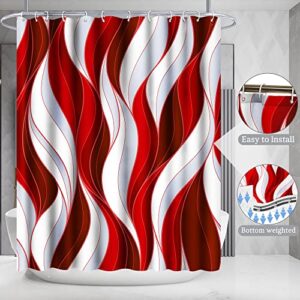 Poedist 4 Pcs Bathroom Shower Curtain Set,Red Stripe Bathroom Decor Trendy Style Shower Curtain Sets with Rugs(Bath Mat,U Shape and Toilet Lid Cover Mat) and 12 Hooks