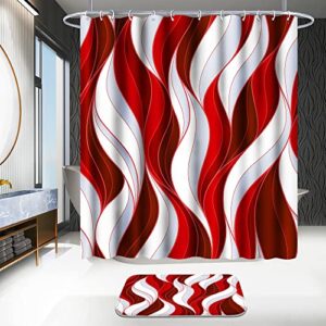 Poedist 4 Pcs Bathroom Shower Curtain Set,Red Stripe Bathroom Decor Trendy Style Shower Curtain Sets with Rugs(Bath Mat,U Shape and Toilet Lid Cover Mat) and 12 Hooks