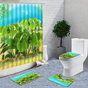 axisrc refreshing green plant scenery shower curtains 4pcs sets hand painted landscape bathroom toilet decor curtain set bath mats rugs 71x71inches