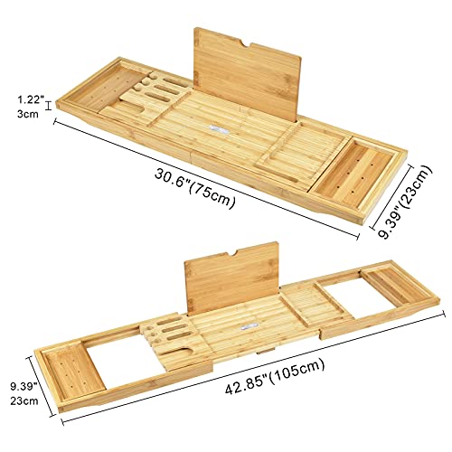 Bathtub Tray Expandable Caddy Foldable Bamboo Bath Organizer with Free Soap Holder Organize Bathroom Accessories