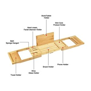 Bathtub Tray Expandable Caddy Foldable Bamboo Bath Organizer with Free Soap Holder Organize Bathroom Accessories