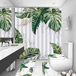 zyllglow green turtleback leaf shower curtain set boho plant shower curtain set with rugs, abstract bathroom decor accessories bathroom set with shower curtain and rugs leaves curtain set