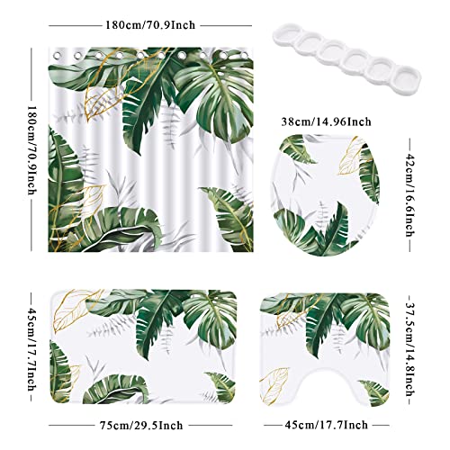 ZYLLGLOW Green Turtleback Leaf Shower Curtain Set Boho Plant Shower Curtain Set with Rugs, Abstract Bathroom Decor Accessories Bathroom Set with Shower Curtain and Rugs Leaves Curtain Set