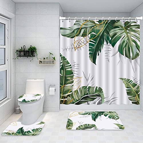 ZYLLGLOW Green Turtleback Leaf Shower Curtain Set Boho Plant Shower Curtain Set with Rugs, Abstract Bathroom Decor Accessories Bathroom Set with Shower Curtain and Rugs Leaves Curtain Set