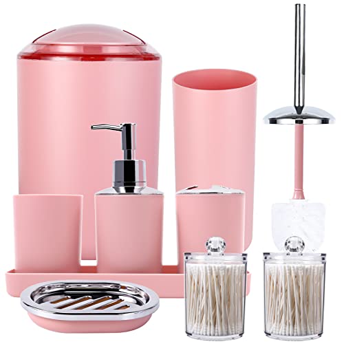 HOMEACC Pink Bathroom Accessories Set with Trash Can,Toothbrush Holder,Toothbrush Cup,Soap Dispenser,Soap Dish,Toilet Brush Holder,Tray and Qtip Holders, Plastic Bathroom Set for Home and Bathroom