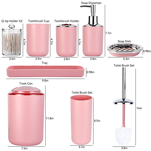 HOMEACC Pink Bathroom Accessories Set with Trash Can,Toothbrush Holder,Toothbrush Cup,Soap Dispenser,Soap Dish,Toilet Brush Holder,Tray and Qtip Holders, Plastic Bathroom Set for Home and Bathroom