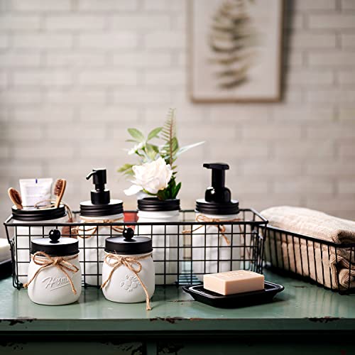 White Mason Jar Bathroom Accessories Set (6PCS) - Lotion Soap Dispenser,Toothbrush Holder,2 Apothecary Jars, Soap Dish Tray,Storage Organizer Basket Bin - Rustic Farmhouse Decoration (Black)