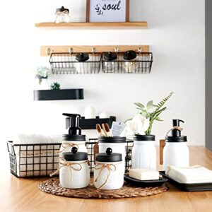 White Mason Jar Bathroom Accessories Set (6PCS) - Lotion Soap Dispenser,Toothbrush Holder,2 Apothecary Jars, Soap Dish Tray,Storage Organizer Basket Bin - Rustic Farmhouse Decoration (Black)