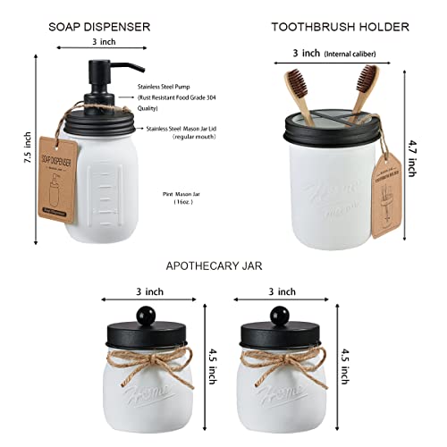 White Mason Jar Bathroom Accessories Set (6PCS) - Lotion Soap Dispenser,Toothbrush Holder,2 Apothecary Jars, Soap Dish Tray,Storage Organizer Basket Bin - Rustic Farmhouse Decoration (Black)