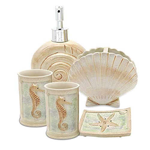 HotSan bathroom accessory Set, 5 PCS Beach Seashells Ensemble Set Includs Soap Dispenser, Soap Dish, Tumbler, Toothbrush Holder - Ivory Polyresin Set for Home, Office, Superior Hotel