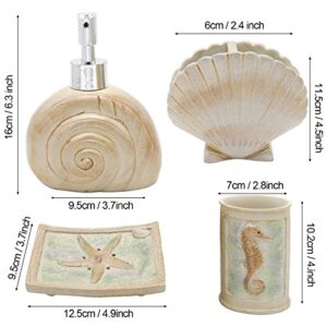 HotSan bathroom accessory Set, 5 PCS Beach Seashells Ensemble Set Includs Soap Dispenser, Soap Dish, Tumbler, Toothbrush Holder - Ivory Polyresin Set for Home, Office, Superior Hotel