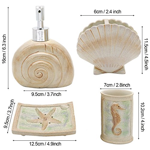 HotSan bathroom accessory Set, 5 PCS Beach Seashells Ensemble Set Includs Soap Dispenser, Soap Dish, Tumbler, Toothbrush Holder - Ivory Polyresin Set for Home, Office, Superior Hotel