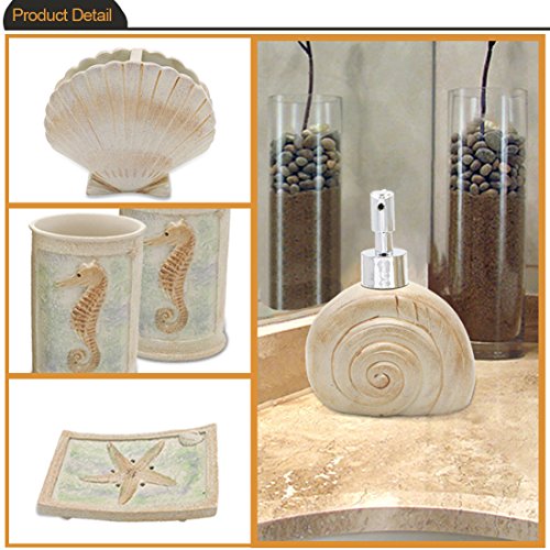 HotSan bathroom accessory Set, 5 PCS Beach Seashells Ensemble Set Includs Soap Dispenser, Soap Dish, Tumbler, Toothbrush Holder - Ivory Polyresin Set for Home, Office, Superior Hotel