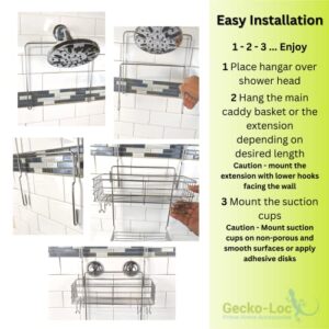 Gecko-Loc 🦎 NEW LONG WIDE Adjustable Length Over the Showerhead Hanging Shower Caddy Organizer - Silver