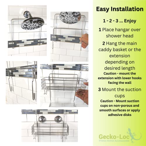 Gecko-Loc 🦎 NEW LONG WIDE Adjustable Length Over the Showerhead Hanging Shower Caddy Organizer - Silver