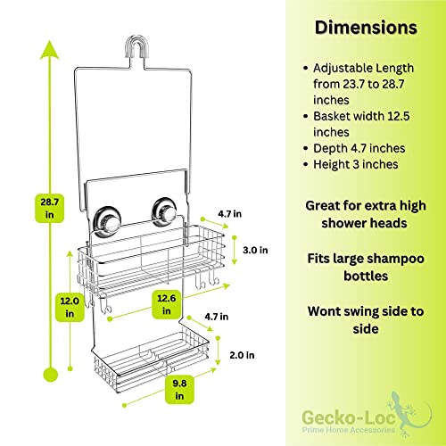 Gecko-Loc 🦎 NEW LONG WIDE Adjustable Length Over the Showerhead Hanging Shower Caddy Organizer - Silver