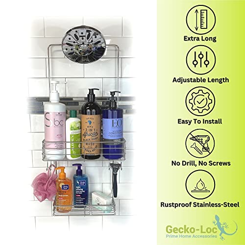 Gecko-Loc 🦎 NEW LONG WIDE Adjustable Length Over the Showerhead Hanging Shower Caddy Organizer - Silver