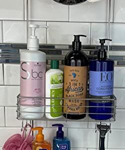 Gecko-Loc 🦎 NEW LONG WIDE Adjustable Length Over the Showerhead Hanging Shower Caddy Organizer - Silver