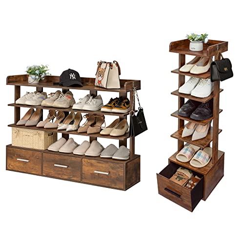 usikey Vertical Shoe Rack, 4 Tiers Vertical Shoe Rack + 6 Tiers Vertical Shoe Rack Wooden Shoe Tower with Bottom Drawers, Rustic Brown