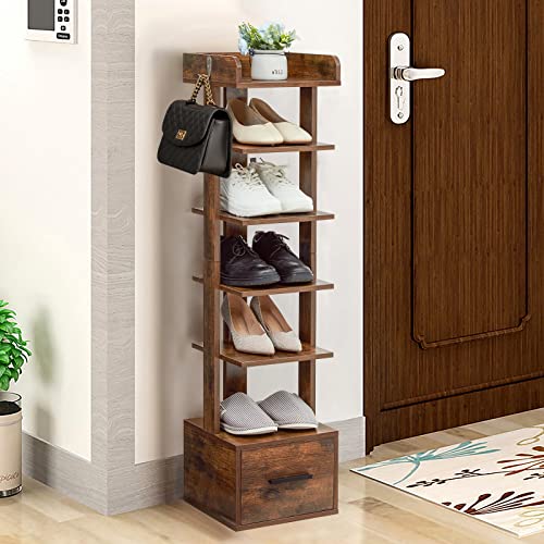 usikey Vertical Shoe Rack, 4 Tiers Vertical Shoe Rack + 6 Tiers Vertical Shoe Rack Wooden Shoe Tower with Bottom Drawers, Rustic Brown