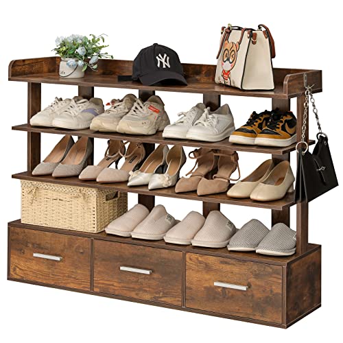 usikey Vertical Shoe Rack, 4 Tiers Vertical Shoe Rack + 6 Tiers Vertical Shoe Rack Wooden Shoe Tower with Bottom Drawers, Rustic Brown