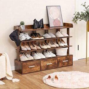 usikey Vertical Shoe Rack, 4 Tiers Vertical Shoe Rack + 6 Tiers Vertical Shoe Rack Wooden Shoe Tower with Bottom Drawers, Rustic Brown