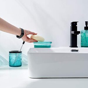 4PCs Teal Blue Glass Bathroom Accessories Set with Decorative Pressed Pattern - Includes Hand Soap Dispenser & Tumbler & Soap Dish & Toothbrush Holder (Teal Blue)