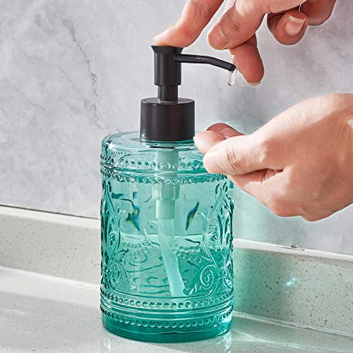 4PCs Teal Blue Glass Bathroom Accessories Set with Decorative Pressed Pattern - Includes Hand Soap Dispenser & Tumbler & Soap Dish & Toothbrush Holder (Teal Blue)