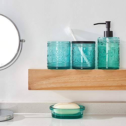 4PCs Teal Blue Glass Bathroom Accessories Set with Decorative Pressed Pattern - Includes Hand Soap Dispenser & Tumbler & Soap Dish & Toothbrush Holder (Teal Blue)