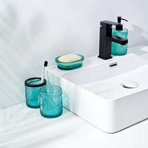 4PCs Teal Blue Glass Bathroom Accessories Set with Decorative Pressed Pattern - Includes Hand Soap Dispenser & Tumbler & Soap Dish & Toothbrush Holder (Teal Blue)