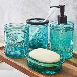 4PCs Teal Blue Glass Bathroom Accessories Set with Decorative Pressed Pattern - Includes Hand Soap Dispenser & Tumbler & Soap Dish & Toothbrush Holder (Teal Blue)