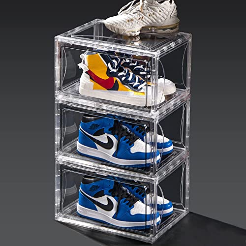 Yimeka Shoe Box, Shoe Organizer Display Case, 3-Pack, Clear Plastic Stackable Front Shoe Container with Clear Door, Shoe Cabinet Closet, Magnetic Side Opening Sneaker Storage (14.6"x8.3 "x10.2")