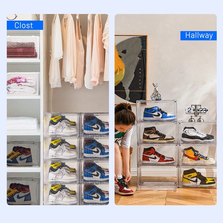 Yimeka Shoe Box, Shoe Organizer Display Case, 3-Pack, Clear Plastic Stackable Front Shoe Container with Clear Door, Shoe Cabinet Closet, Magnetic Side Opening Sneaker Storage (14.6"x8.3 "x10.2")