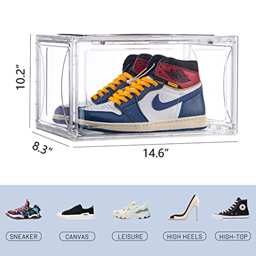 Yimeka Shoe Box, Shoe Organizer Display Case, 3-Pack, Clear Plastic Stackable Front Shoe Container with Clear Door, Shoe Cabinet Closet, Magnetic Side Opening Sneaker Storage (14.6"x8.3 "x10.2")