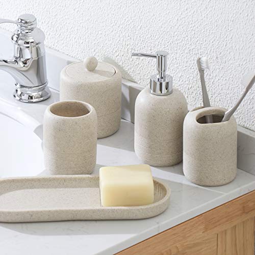 5-Pieces Bathroom Accessory Set Hight Quality Polyresin Ensemble-Lotion Dispenser/Toothbrush Holder/Cotton Jar/Tray/Tumbler Cup