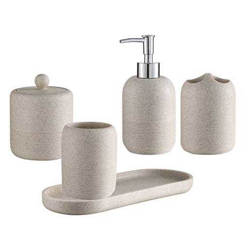 5-Pieces Bathroom Accessory Set Hight Quality Polyresin Ensemble-Lotion Dispenser/Toothbrush Holder/Cotton Jar/Tray/Tumbler Cup