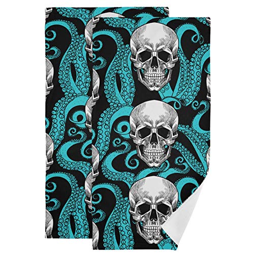 Naanle Stylish Skull Turquoise Octopus Tentacles Soft 2 Piece Fluffy Guest Hand Towels, Multipurpose Decor for Bathroom, Hotel, Gym and Spa (14" x 28")