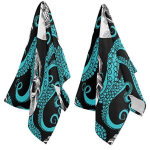 Naanle Stylish Skull Turquoise Octopus Tentacles Soft 2 Piece Fluffy Guest Hand Towels, Multipurpose Decor for Bathroom, Hotel, Gym and Spa (14" x 28")