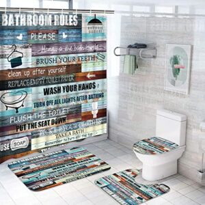 rustic quotes bathroom rules shower curtain sets with non-slip rug, toilet lid cover and bath mat, teal inspirational shower curtain with 12 hooks, vintage wooden farmhouse blue bathroom sets