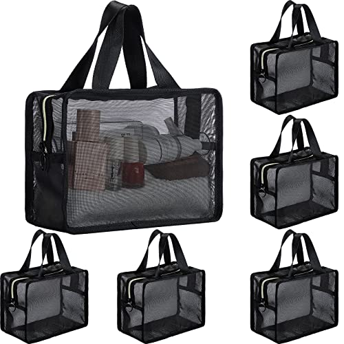 6 Pcs Mesh Shower Caddy Bag organizer Black Travel Gym Shower Bag Portable Hanging Shower Tote Quick Dry Mesh Toiletry Bag Nylon Caddy with Handles for Women Men College Dorm Bathroom Camp Essentials