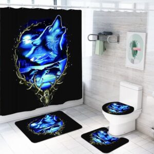 axisrc 4 piece wolf print bathroom set with non slip bath rug toilet lid cover floor mat waterpoof shower curtains with 12 hooks 71x71inches