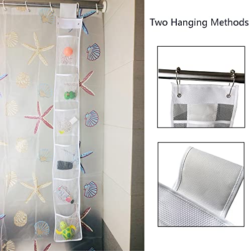 Sainal Hanging Mesh Shower Caddy Bag Long Storage Organizer with 6 Pockets Attaches to Shower Rod via Grommets or Hooks and Loop Strap for Bathroom (White)